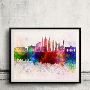 New York Skyline in Watercolor Background Poster Digital Wall Art ...