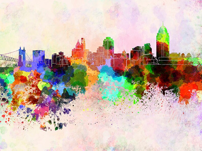 Cincinnati Skyline in Watercolor Background 8x10 In. to 12x16 In ...