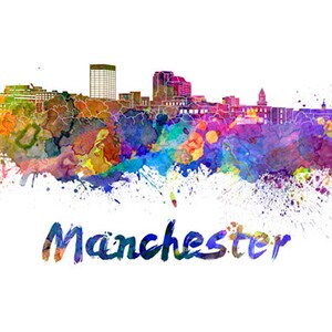 Manchester NH Skyline in Watercolor Over White Background With Name of ...