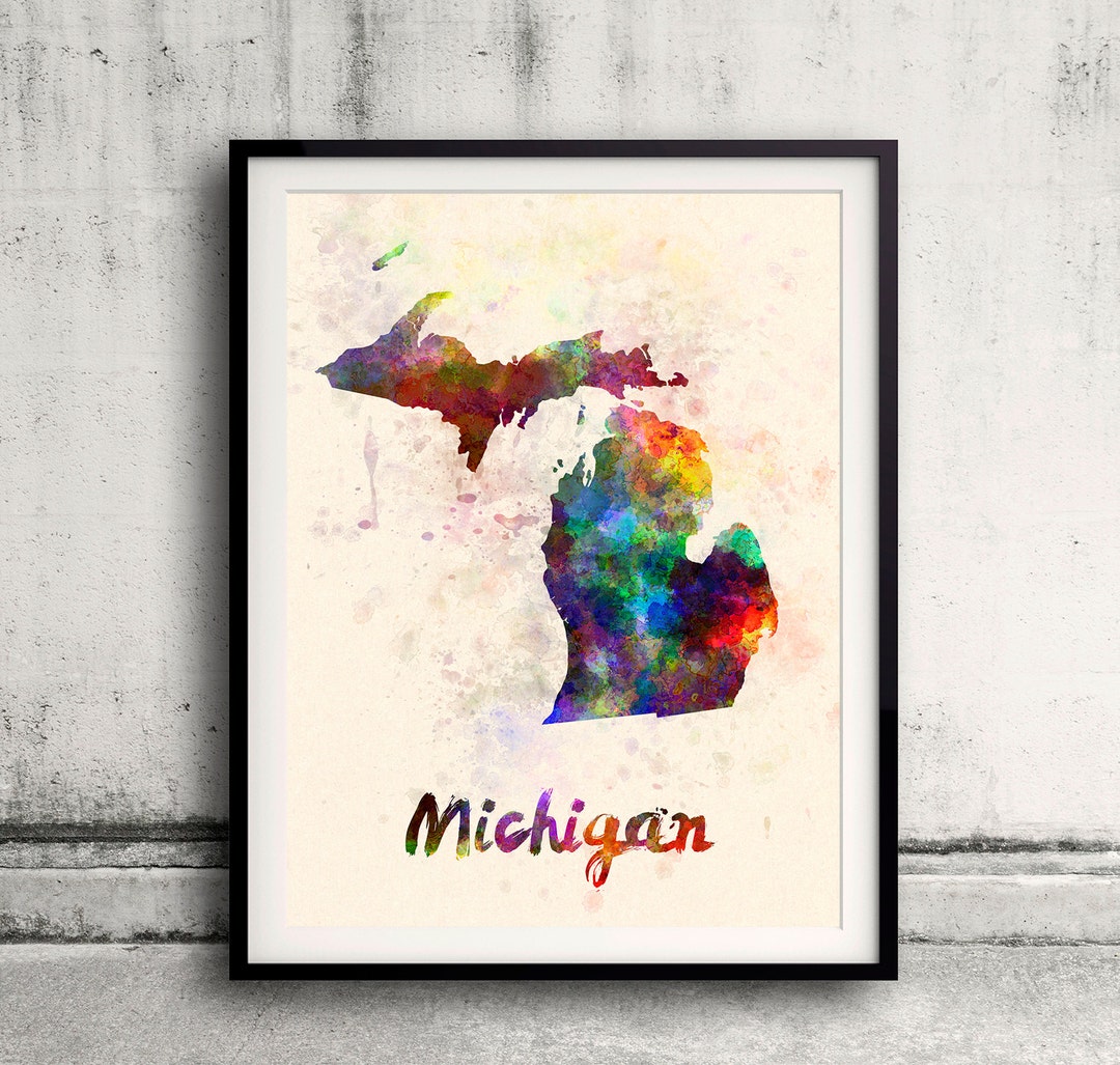 Michigan US State in Watercolor Background 8x10 In. to 12x16 In. Poster ...