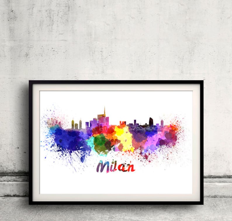 Milan Skyline in Watercolor Over White Background With Name of City ...