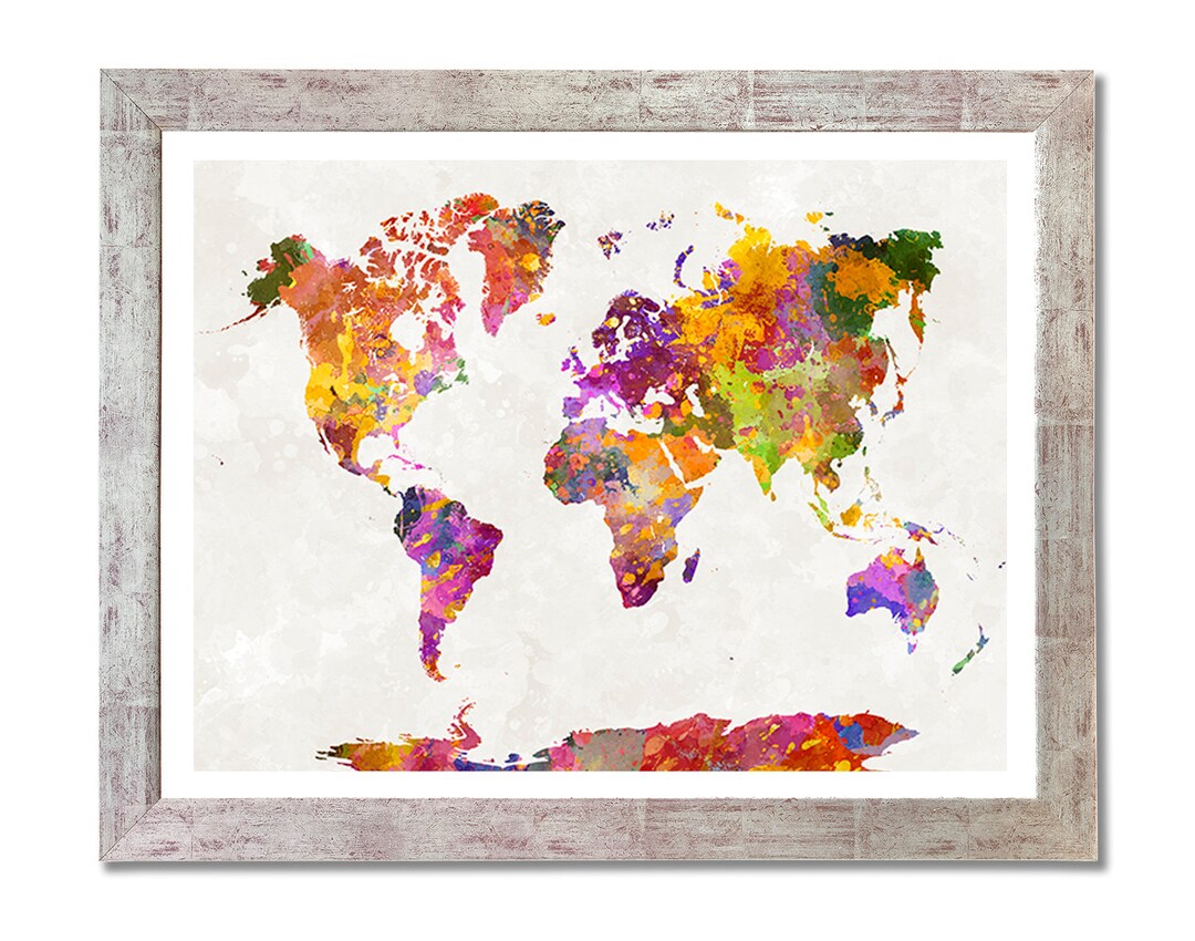 World Map in Watercolor Painting Abstract Splatters - 8x10 In. to 12x16 ...