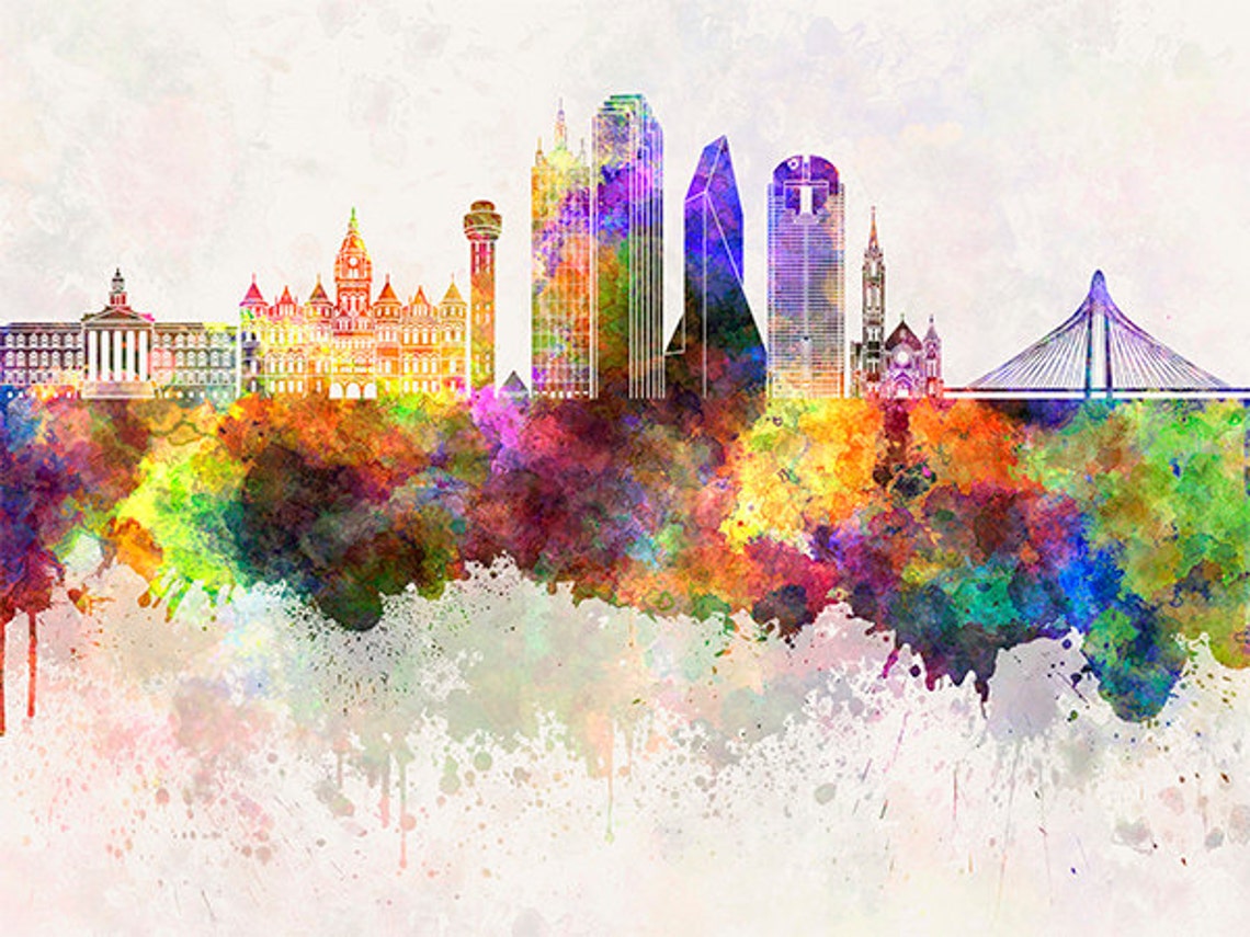 Dallas Skyline in Watercolor Background Poster Digital Wall - Etsy