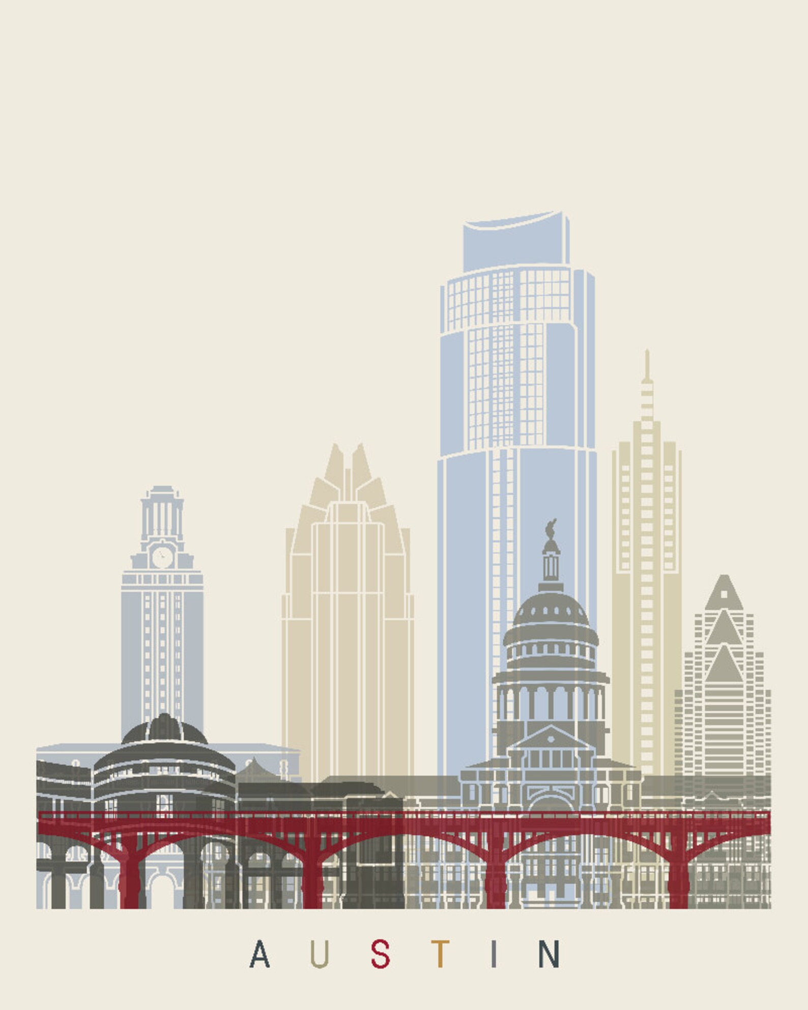 Austin Skyline Poster - Fine Art Print Landmarks Skyline Poster Gift ...