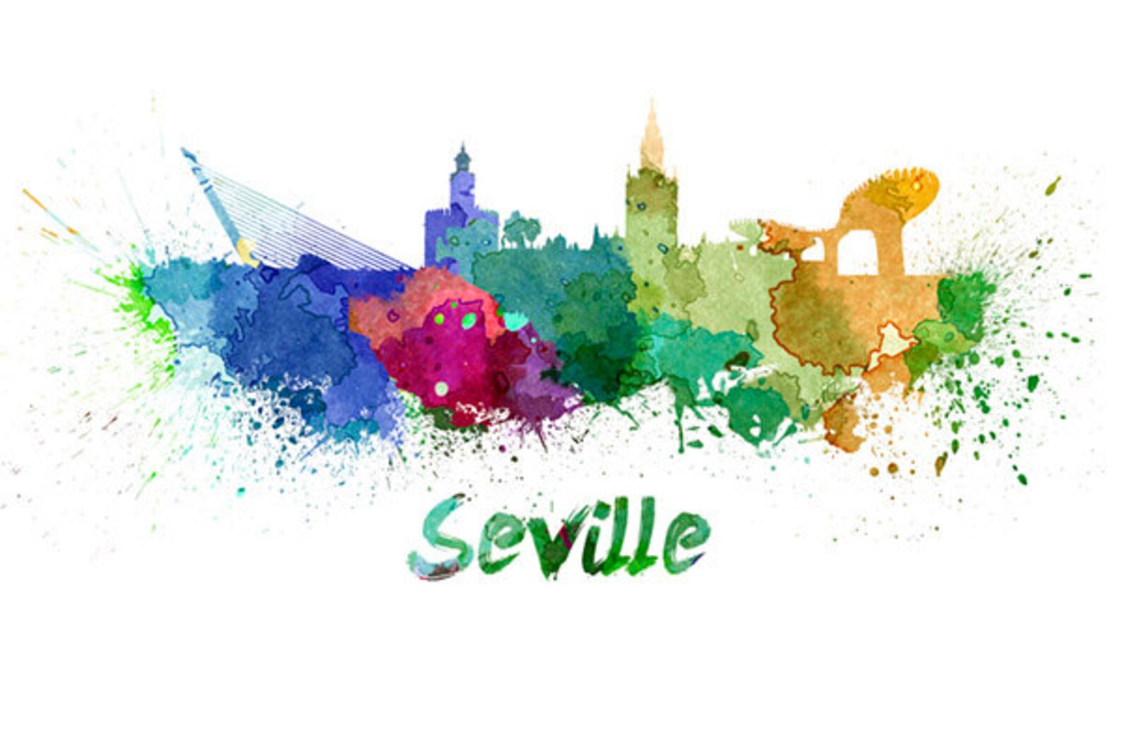 Seville Skyline in Watercolor Over White Background With Name of City ...