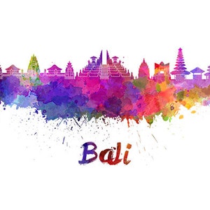 Bali Skyline in Watercolor Over White Background With Name of City ...