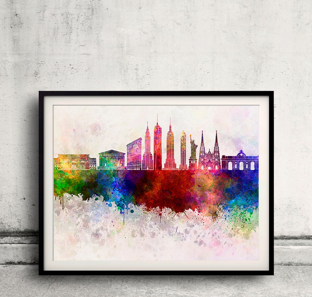 New York Skyline in Watercolor Background - Poster Digital Wall Art ...