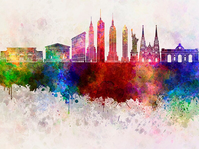 New York Skyline in Watercolor Background - Poster Digital Wall Art ...