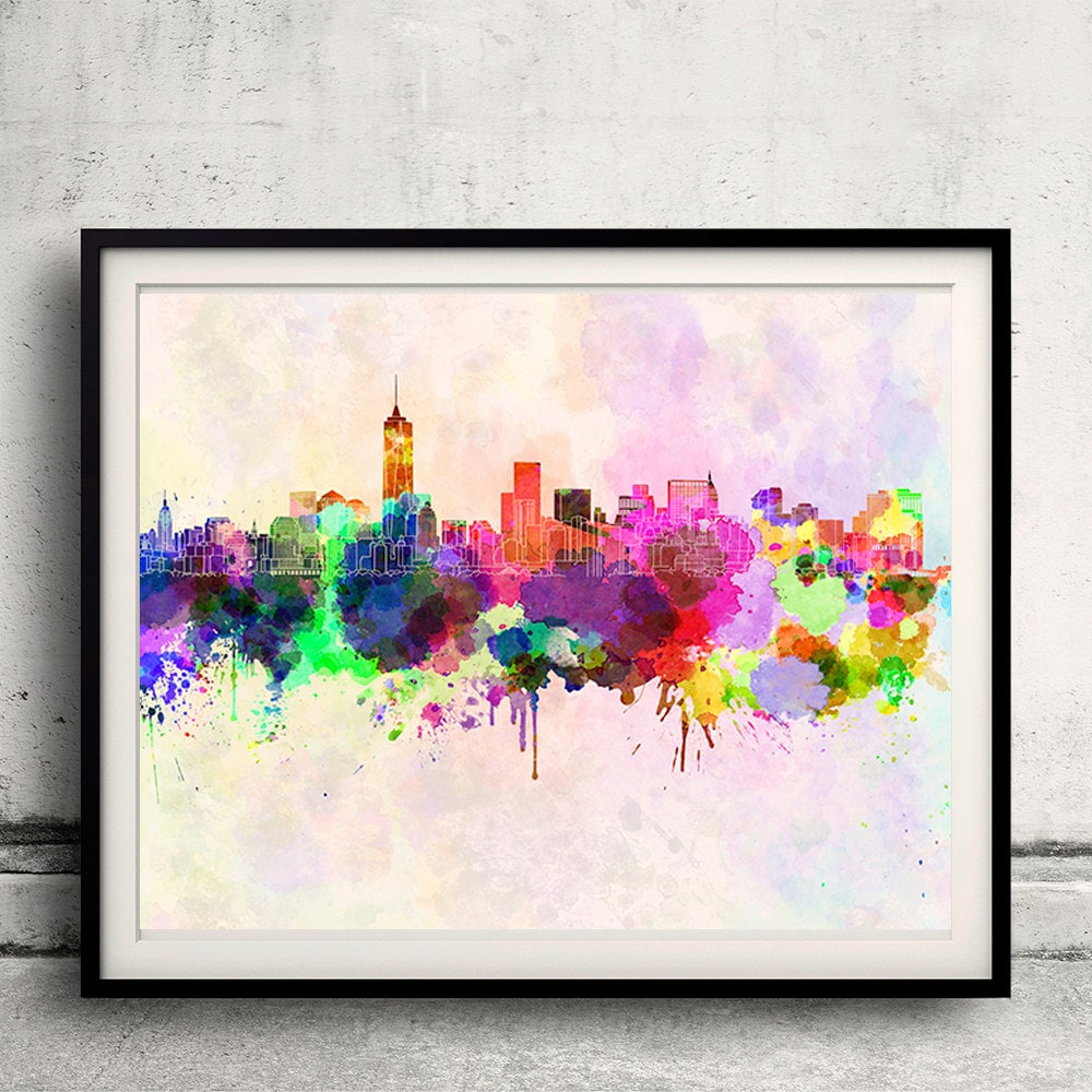 Manhattan Skyline in Watercolor Background Poster Digital | Etsy