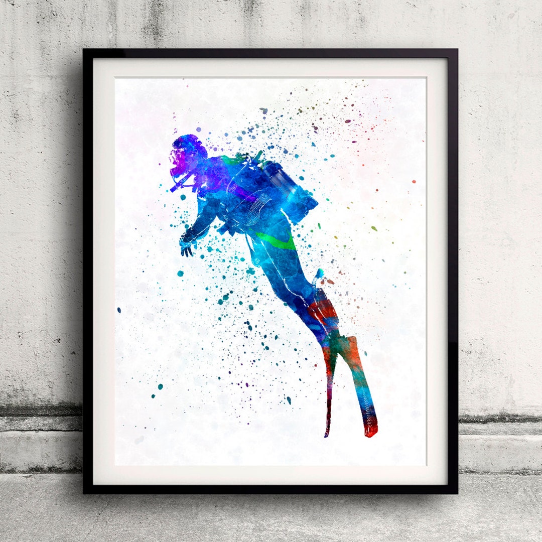 Man Scuba Diver 02 in Watercolor - Poster Watercolor Wall Art Splatter ...
