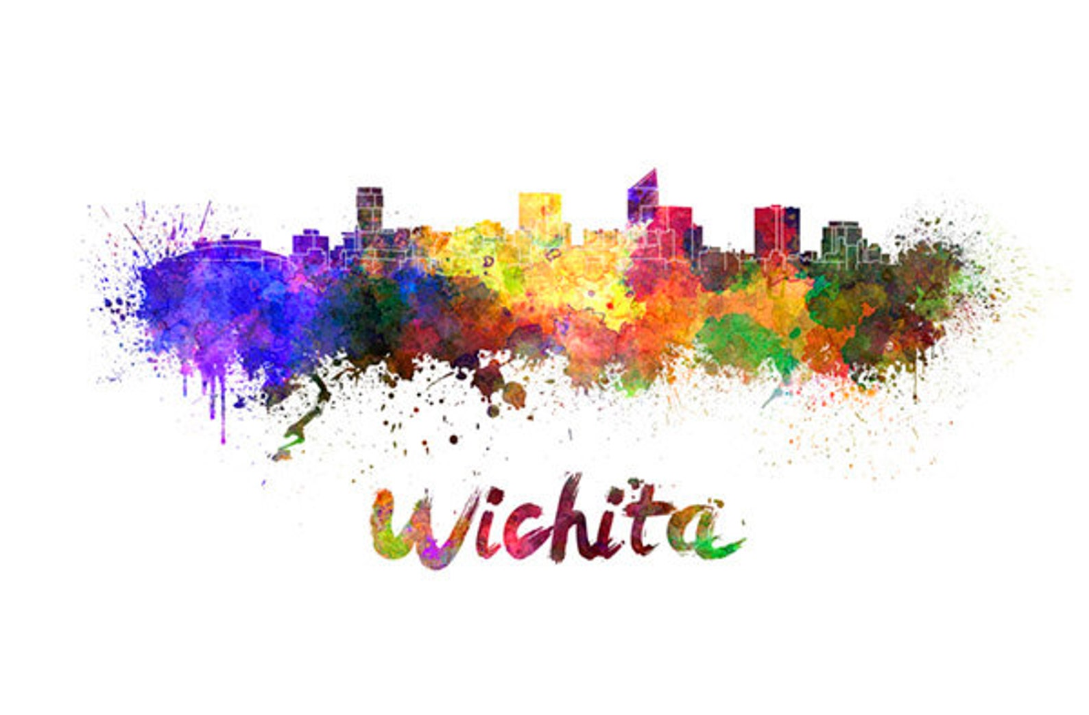 Wichita Skyline in Watercolor Over White Background With Name of City ...
