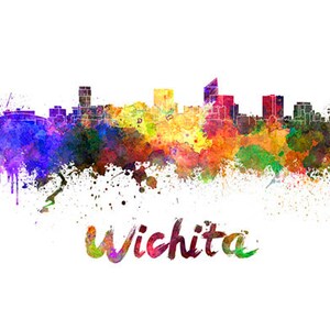 Wichita Skyline in Watercolor Over White Background With Name of City ...