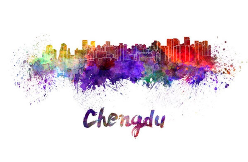 Chengdu Skyline in Watercolor Over White Background With Name of City ...