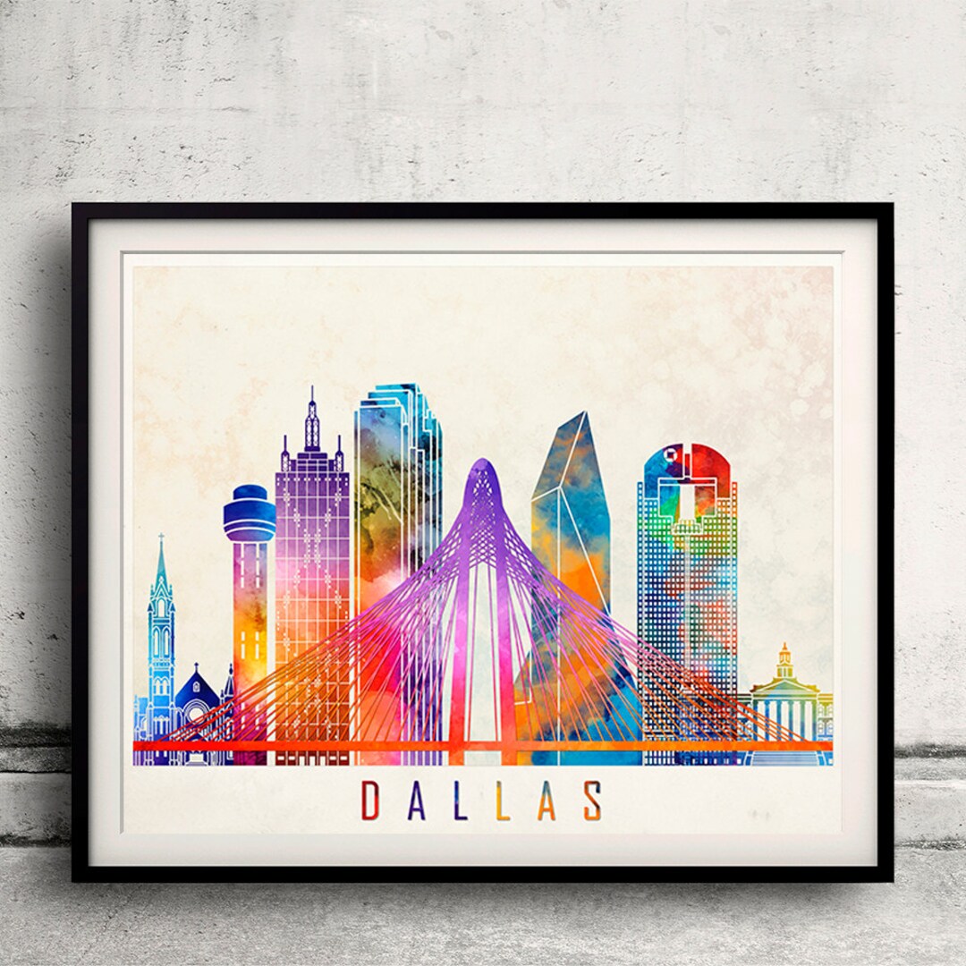 Dallas Landmarks Watercolor Poster - Fine Art Print Landmarks Skyline ...