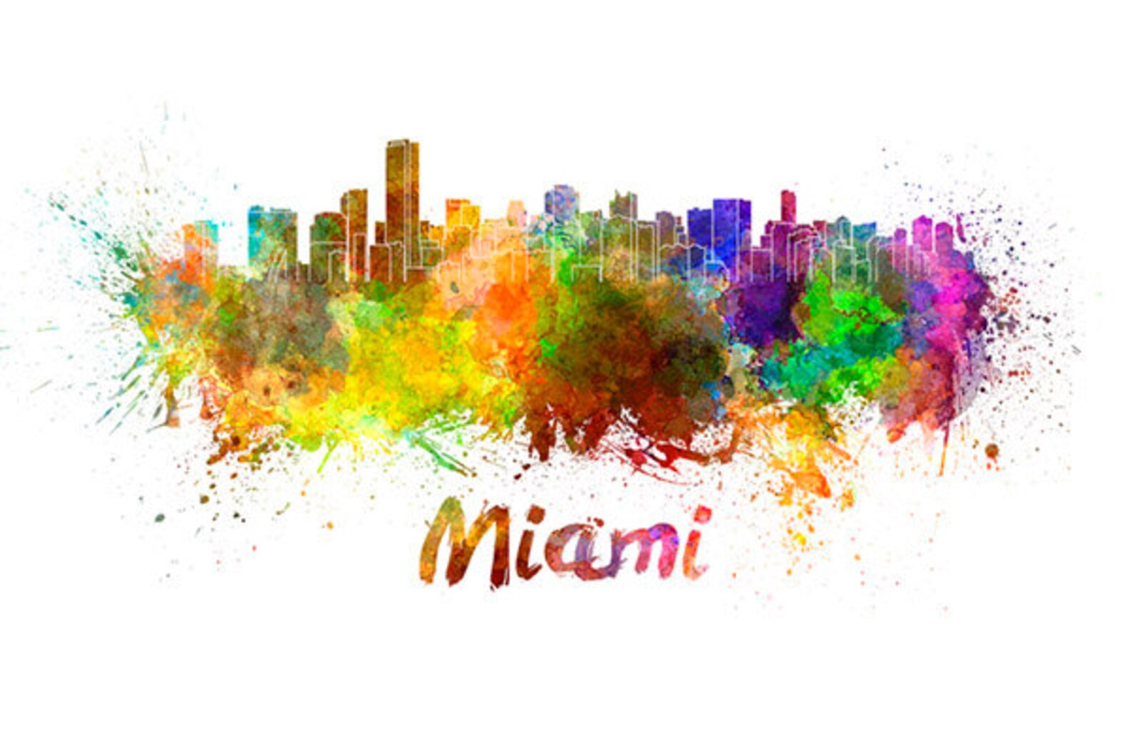 Miami Skyline in Watercolor Over White Background With Name of City ...