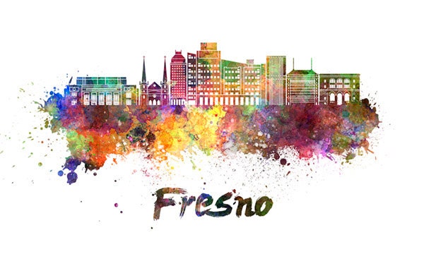 Fresno Skyline in Watercolor Over White Background With Name of City ...