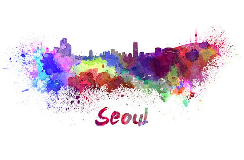 Seoul skyline in watercolor over white background with name of | Etsy