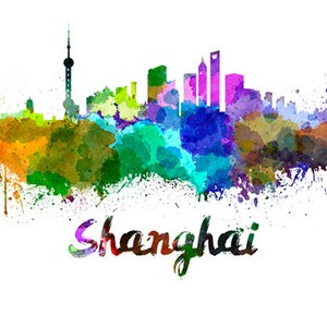 Shanghai Skyline in Watercolor Over White Background With Name of City ...