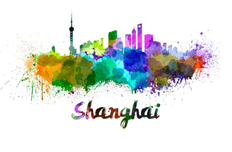 Shanghai Skyline in Watercolor Over White Background With Name of City ...