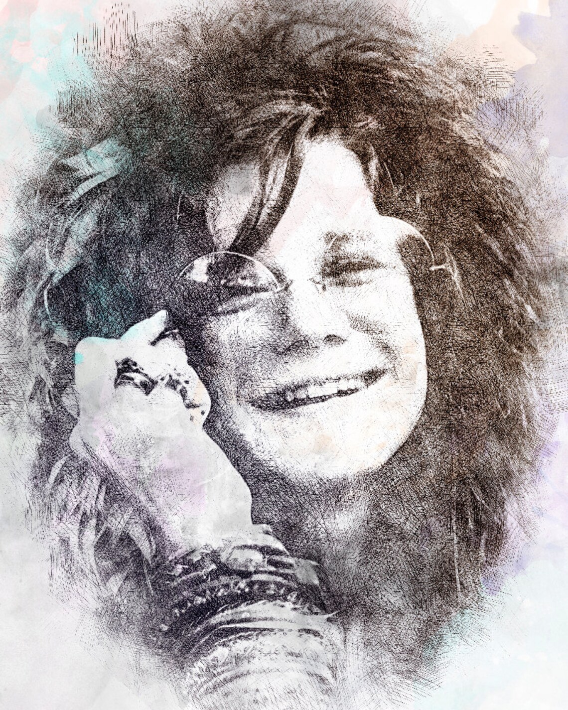 Janis Joplin Portrait 01 in Pen & Watercolor - Fine Art Print Glicee ...