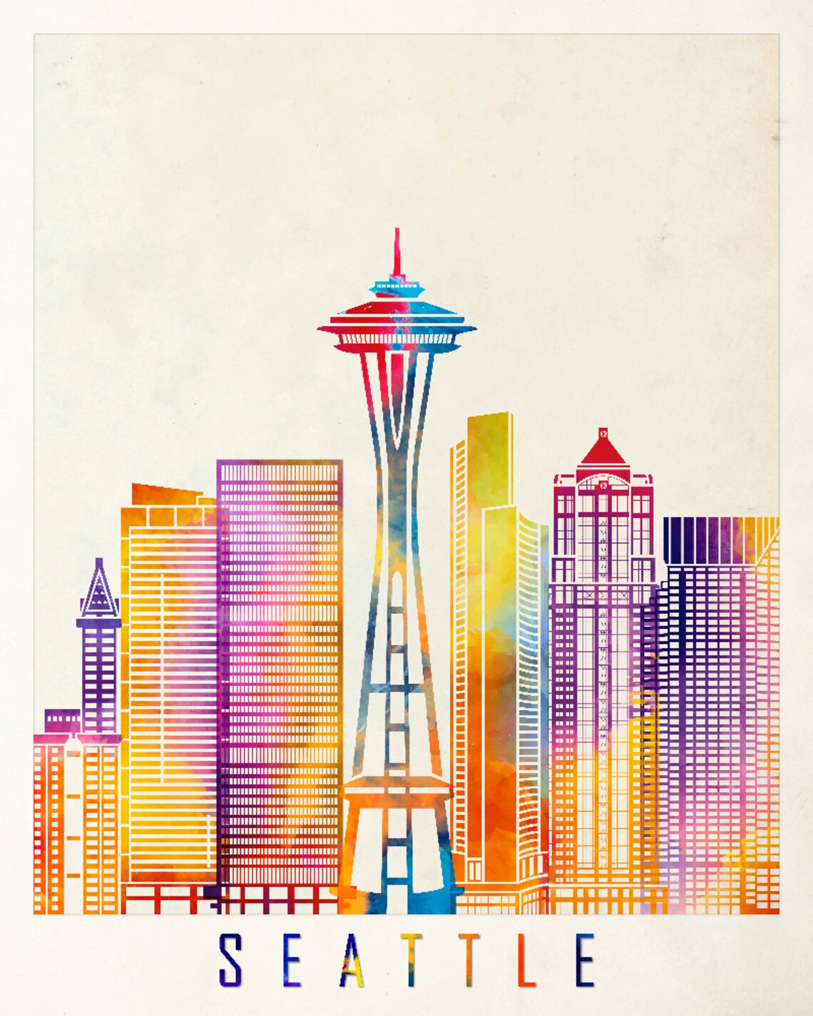 Seattle Landmarks Watercolor Poster Fine Art Print Landmarks | Etsy