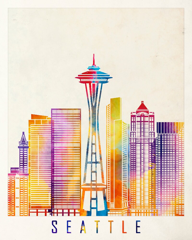 Seattle Landmarks Watercolor Poster Fine Art Print Landmarks | Etsy