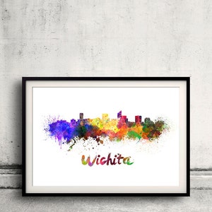 Wichita Skyline in Watercolor Over White Background With Name of City ...