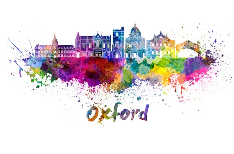 Oxford V2 Skyline in Watercolor Over White Background With Name of City ...