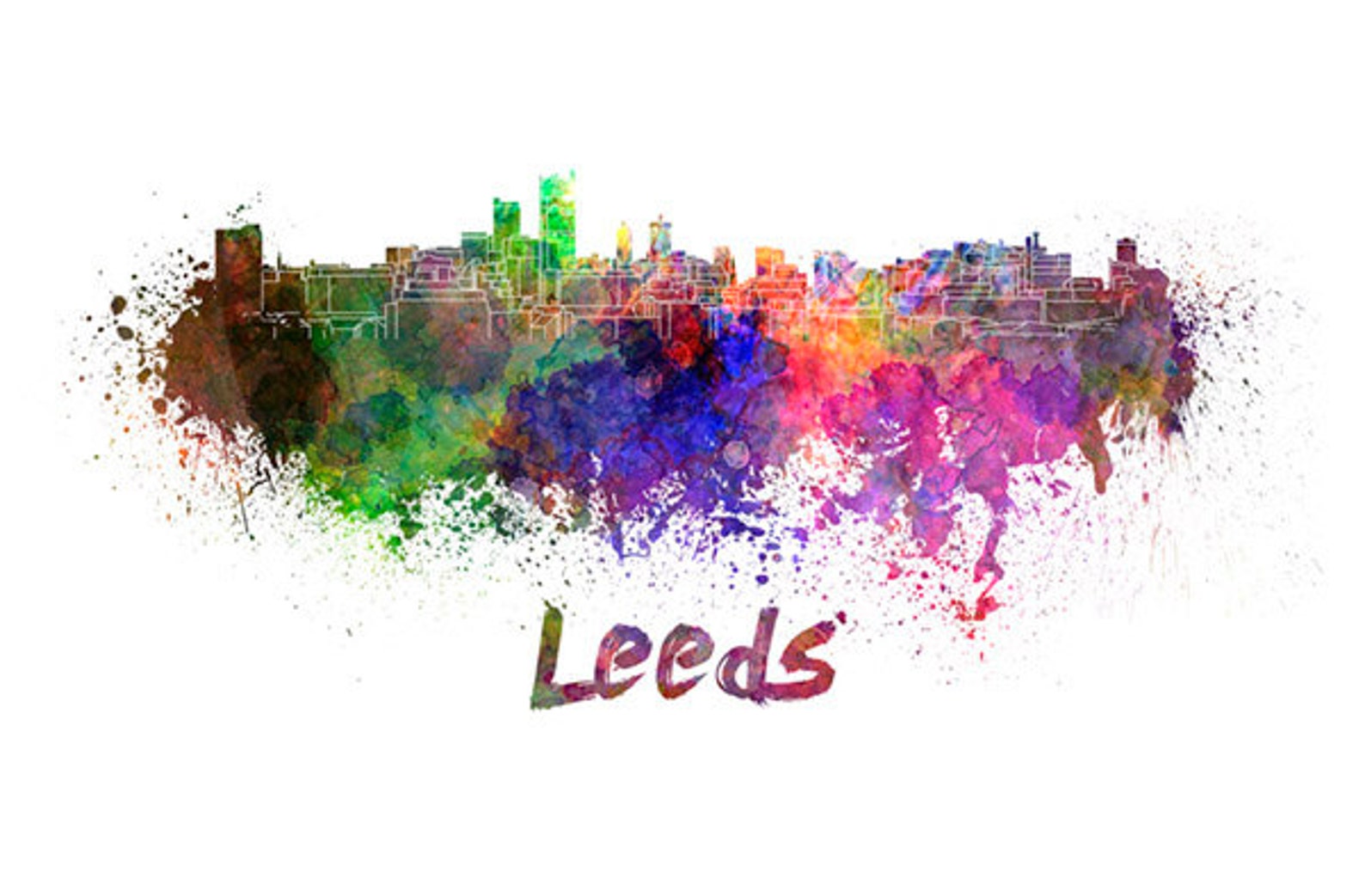 Leeds Skyline in Watercolor Over White Background With Name of City ...