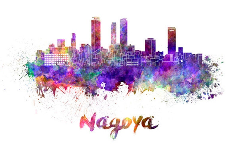 Nagoya Skyline in Watercolor Over White Background With Name of City ...