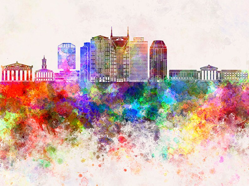 Nashville Skyline in Watercolor Background - Poster Digital Wall Art ...