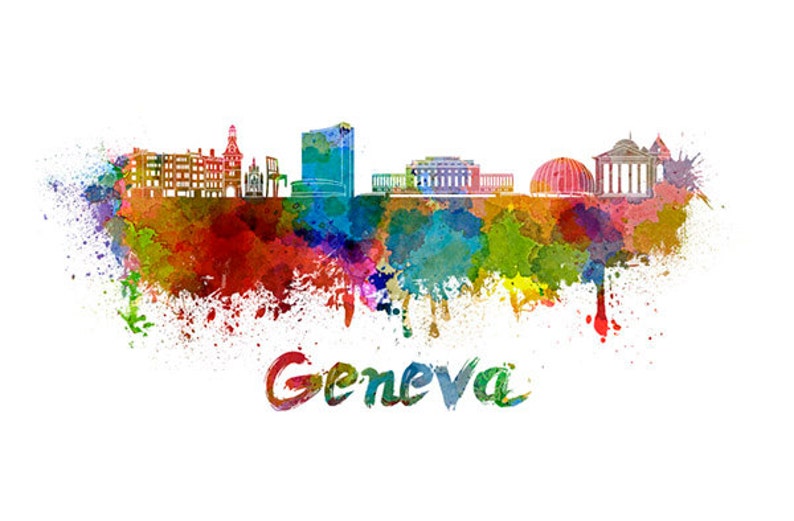 Geneva Skyline in Watercolor Over White Background With Name of City ...