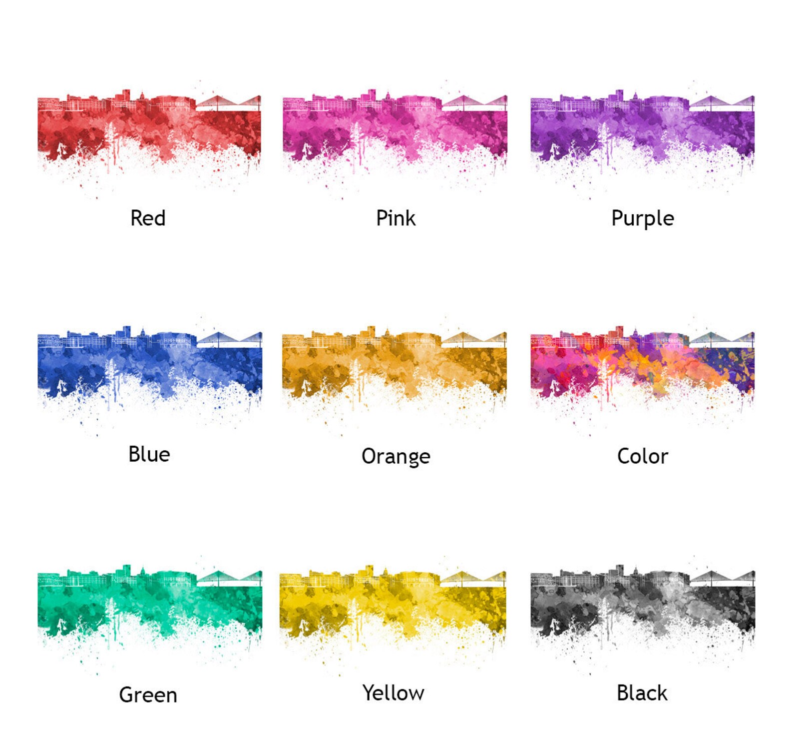 Savannah Skyline in Watercolor on White, 8 Monochrome Colors, and Full ...