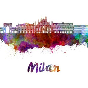 Milan Skyline in Watercolor Over White Background With Name of City ...