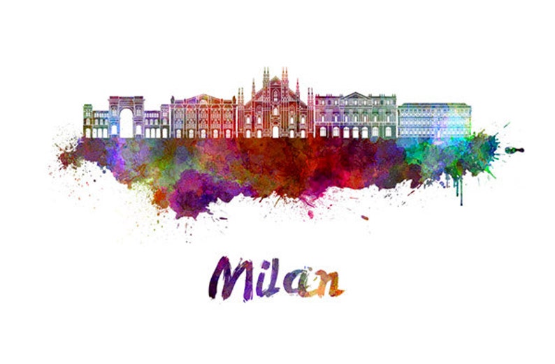 Milan Skyline in Watercolor Over White Background With Name of City ...