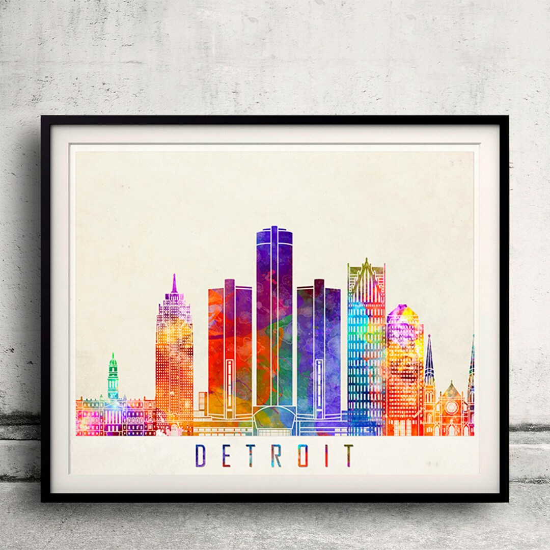 Detroit Landmarks Watercolor Poster - Fine Art Print Landmarks Skyline ...