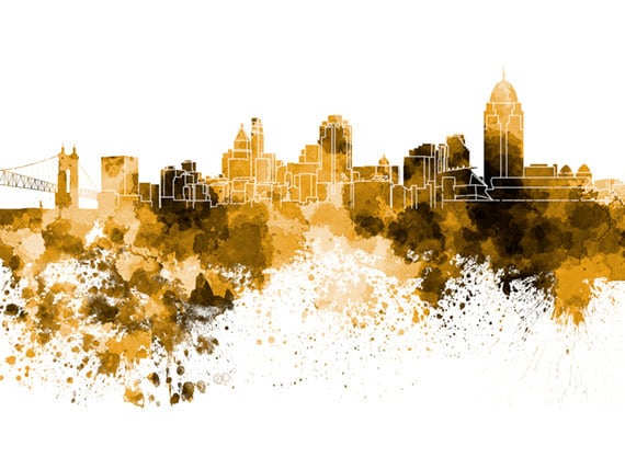 Cincinnati Skyline in Watercolor on White, 8 Monochrome Colors, and ...