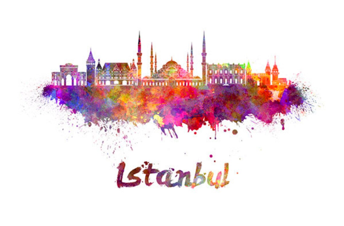 Istanbul Skyline in Watercolor Over White Background With Name of City ...