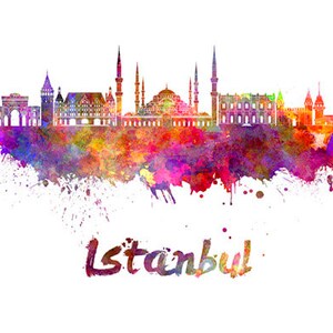 Istanbul Skyline in Watercolor Over White Background With Name of City ...