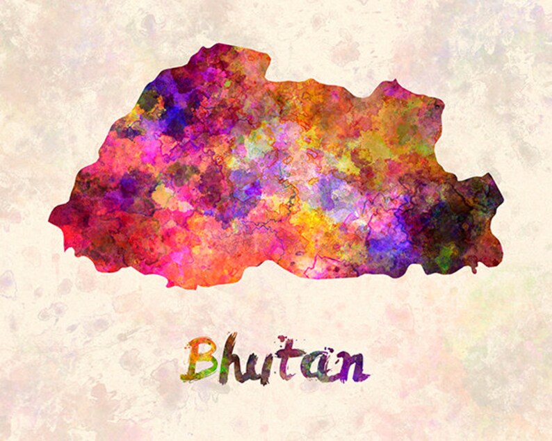 Bhutan - Map in Watercolor - Fine Art Print Glicee Poster Decor Home ...