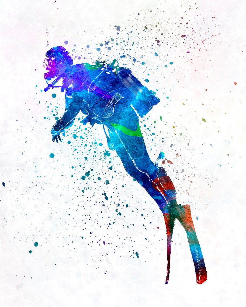 Man Scuba Diver 02 in Watercolor - Poster Watercolor Wall Art Splatter ...