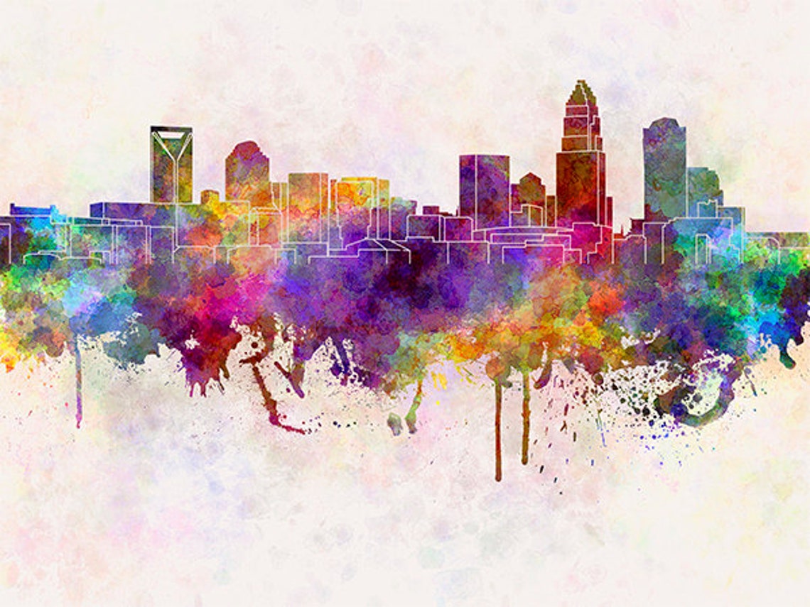 Charlotte Skyline in Watercolor Background 8x10 in to 12x16 | Etsy