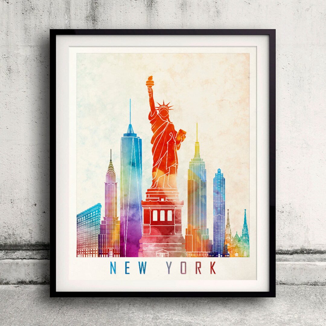 New York Landmarks Watercolor Poster - Fine Art Print Landmarks Skyline ...