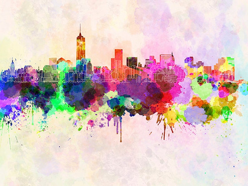 Manhattan Skyline in Watercolor Background - Poster Digital Wall Art ...