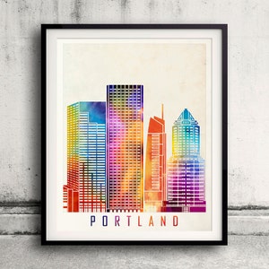 Portland Landmarks Watercolor Poster - Fine Art Print Landmarks Skyline ...