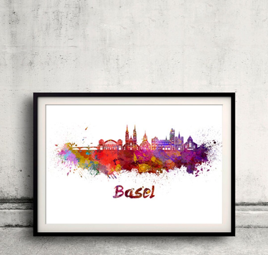 Basel Skyline in Watercolor Over White Background With Name of City ...