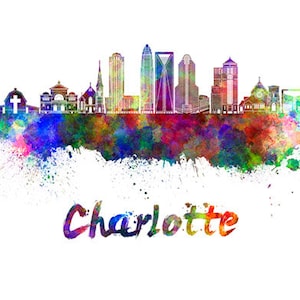 Charlotte Skyline in Watercolor Over White Background With Name of City ...