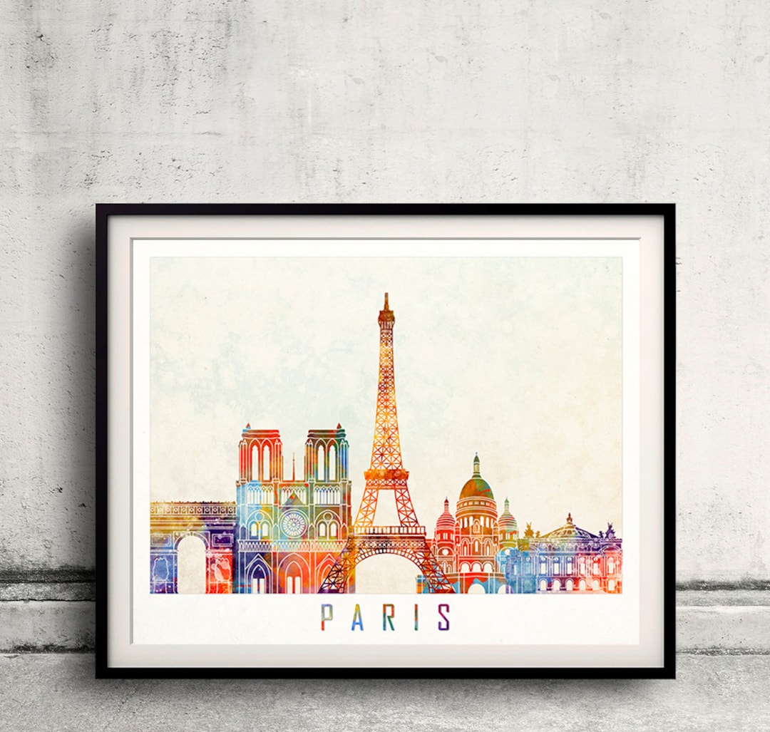 Paris Landmarks Watercolor Poster - Fine Art Print Landmarks Skyline ...