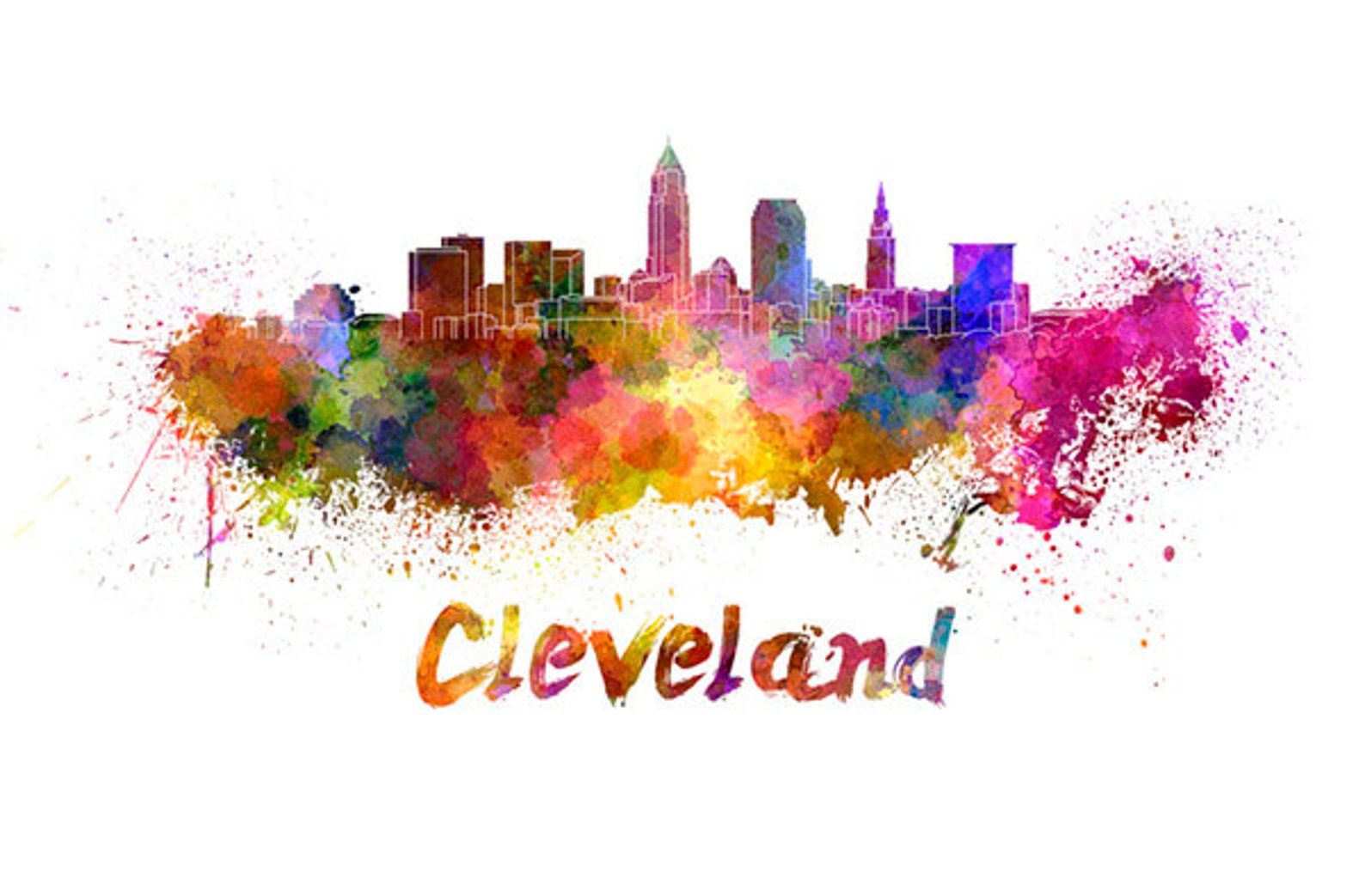 Cleveland Skyline in Watercolor Over White Background With Name of City ...