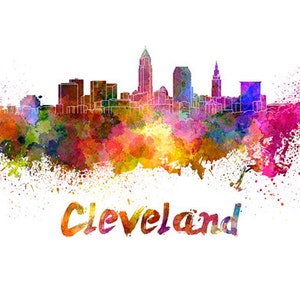 Cleveland Skyline in Watercolor Over White Background With Name of City ...